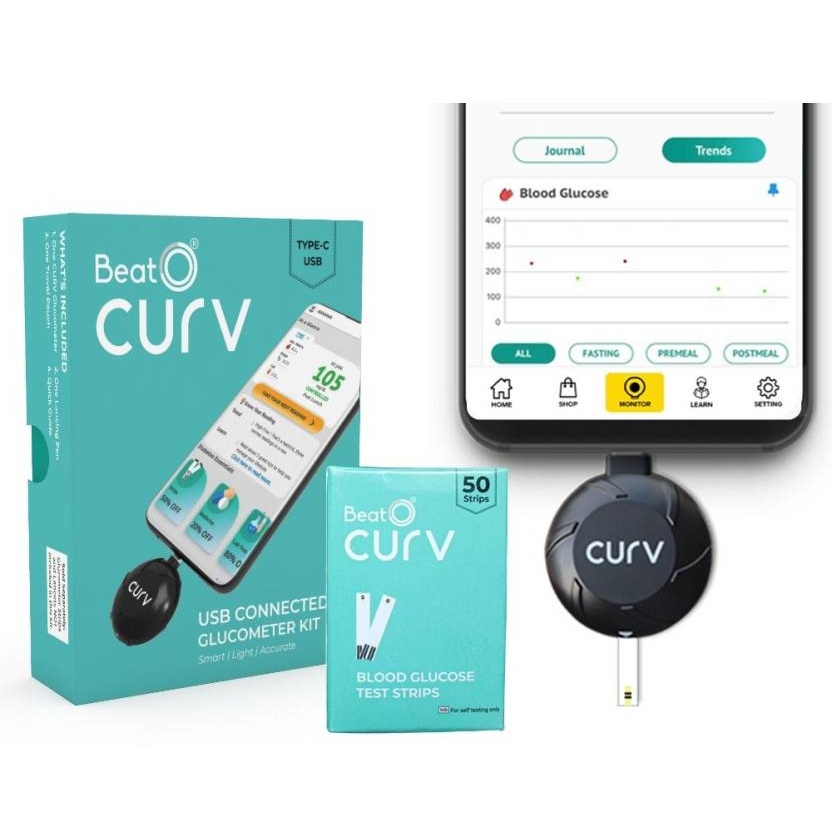 BeatO Curv Glucometer (Type-C USB) with 50 Strips and 50 Lancets ...