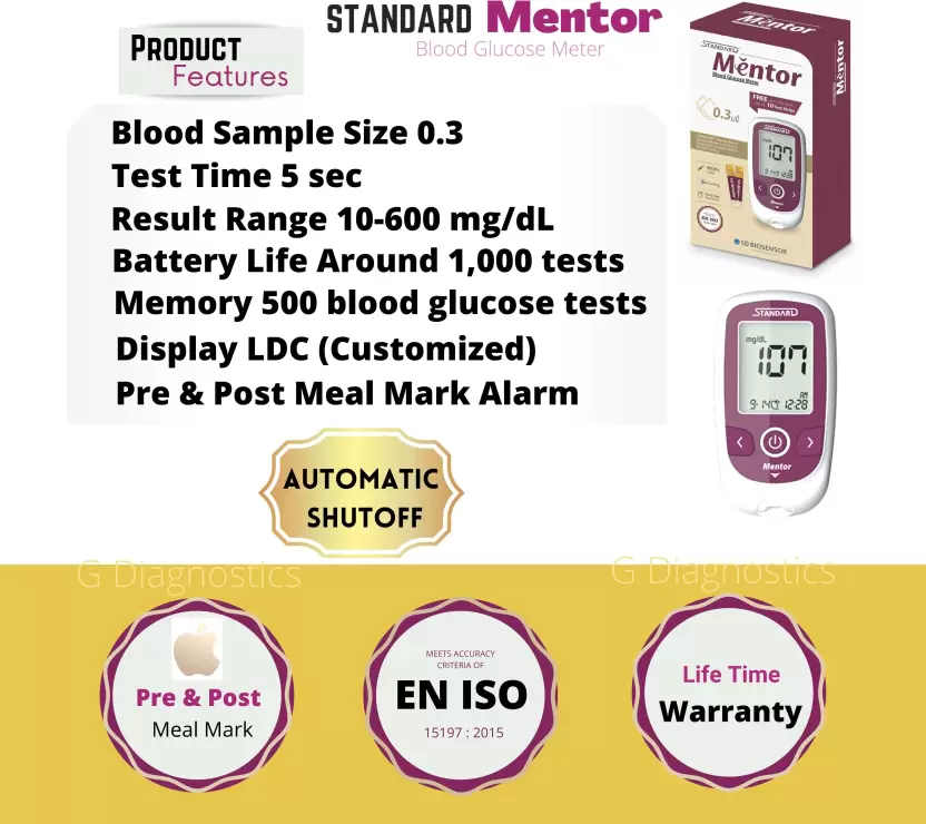 STANDARD Mentor Digital Blood Glucose Meter for self Diabetes testing ...