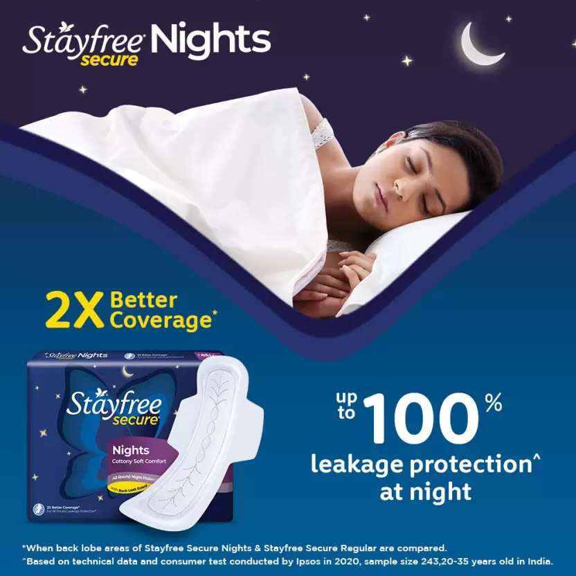 STAYFREE Secure Nights sanitary pads for women, cottony cover with 100% ...