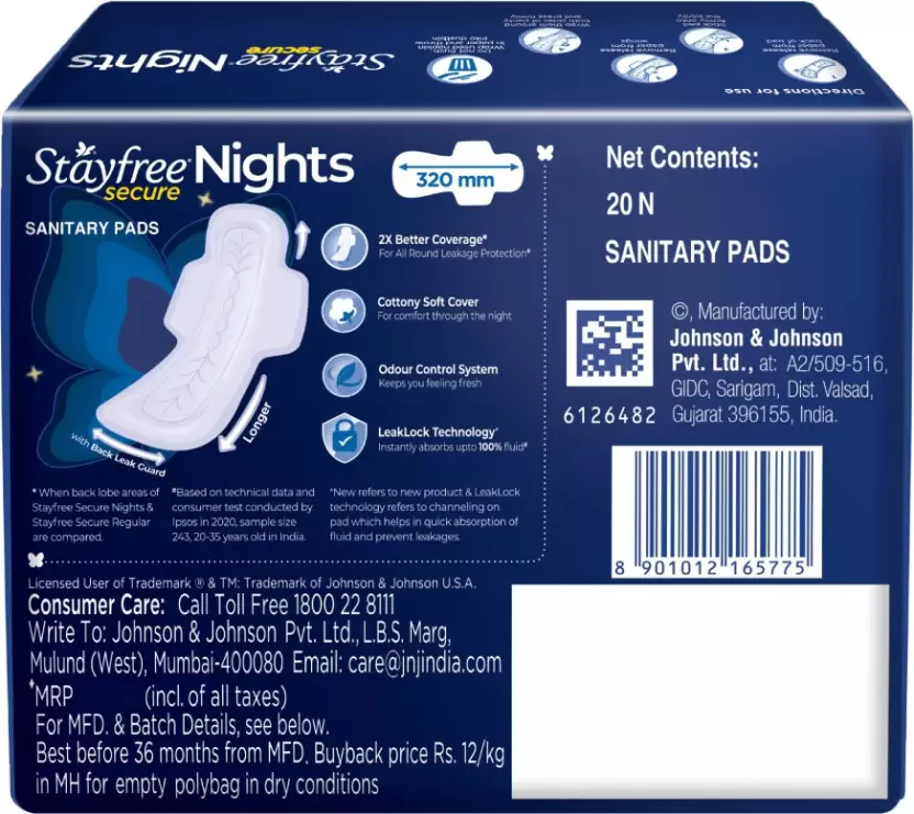 STAYFREE Secure Nights sanitary pads for women, cottony cover with 100% ...